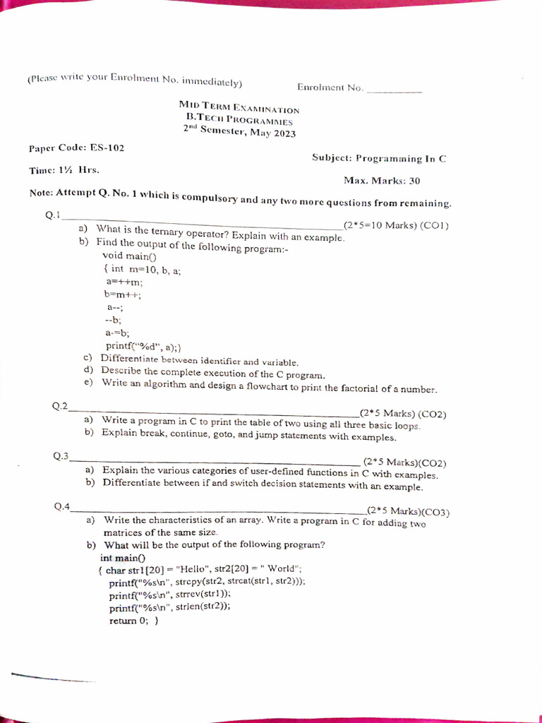PIC Previous Year Mid Term and End Term | PDF | Pointer (Computer Programming) | Computer ...