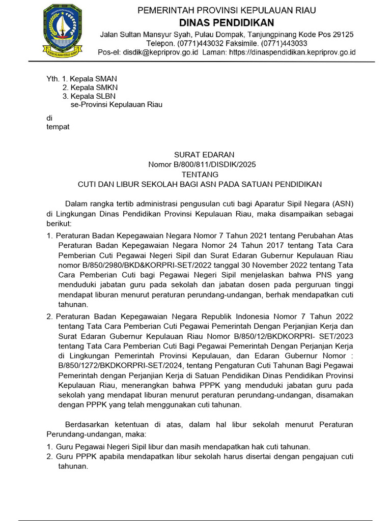 Surat Edaran Cuti dan Libur ASN 2025 | PDF