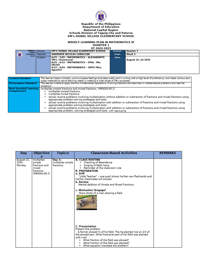 Weekly Math Learning Plan for Grade VI | PDF | Multiplication | Mathematics