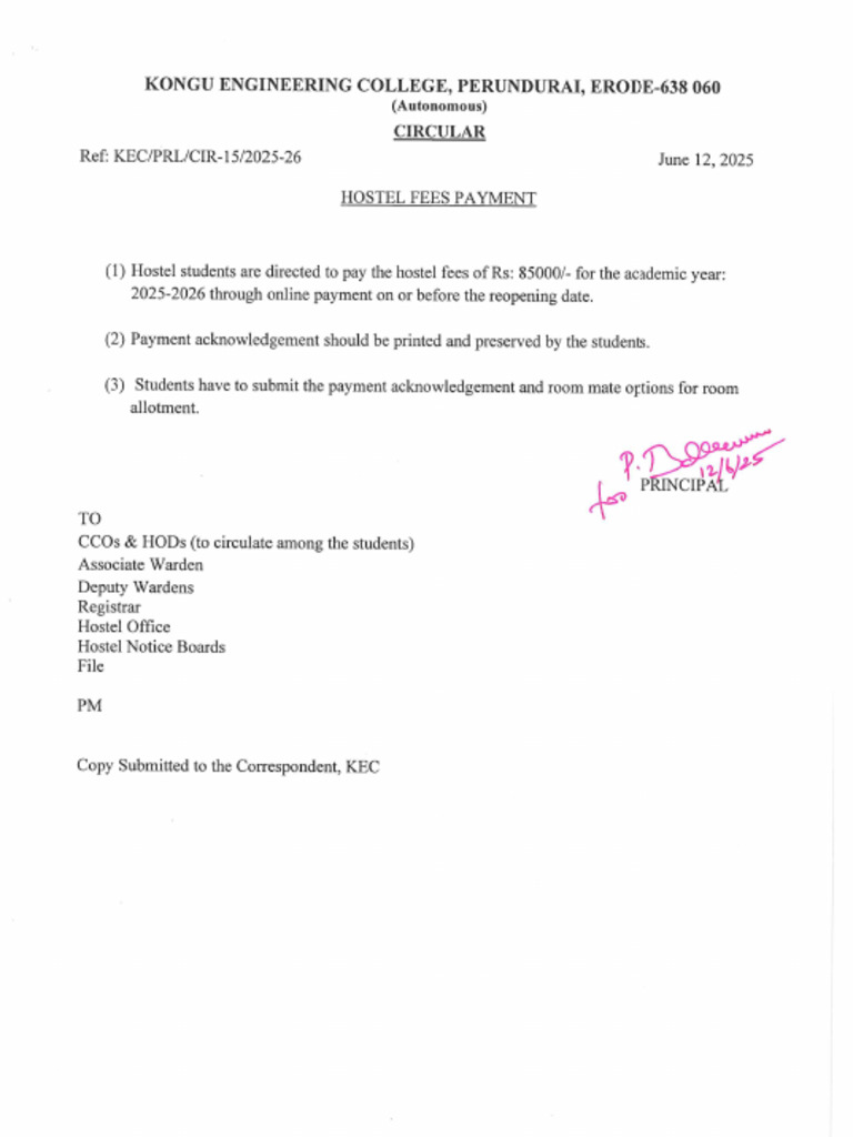 Circular - 15 Hostel Fees Payment | PDF