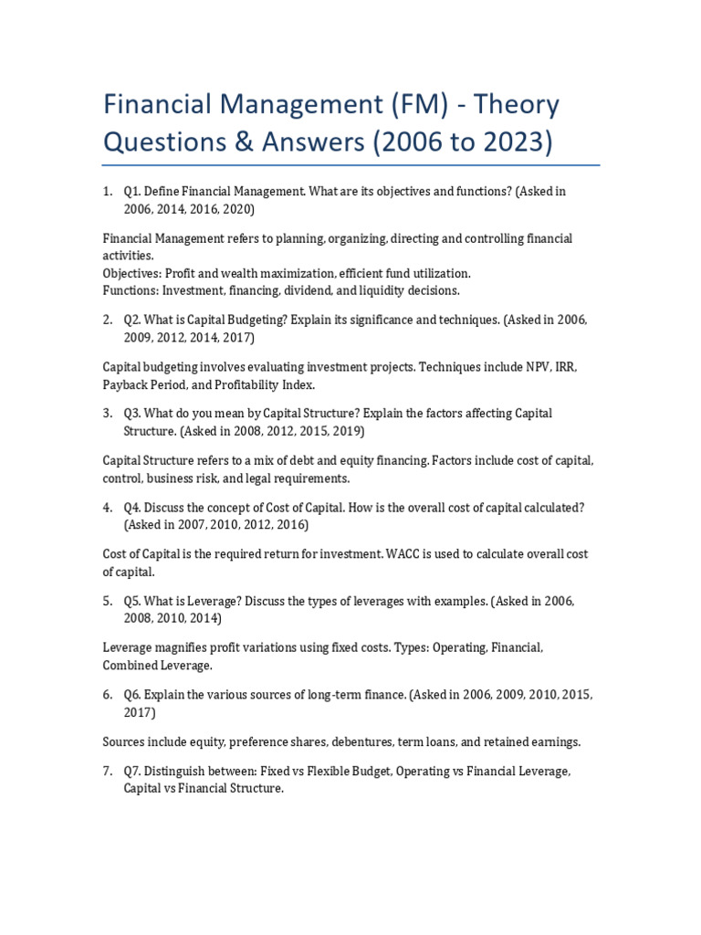 FM Theory: Key Concepts and Functions | PDF | Capital Budgeting | Cost ...