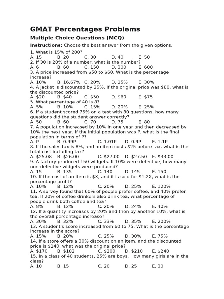 GMAT Percentages Problems | PDF | Multiple Choice | Prices