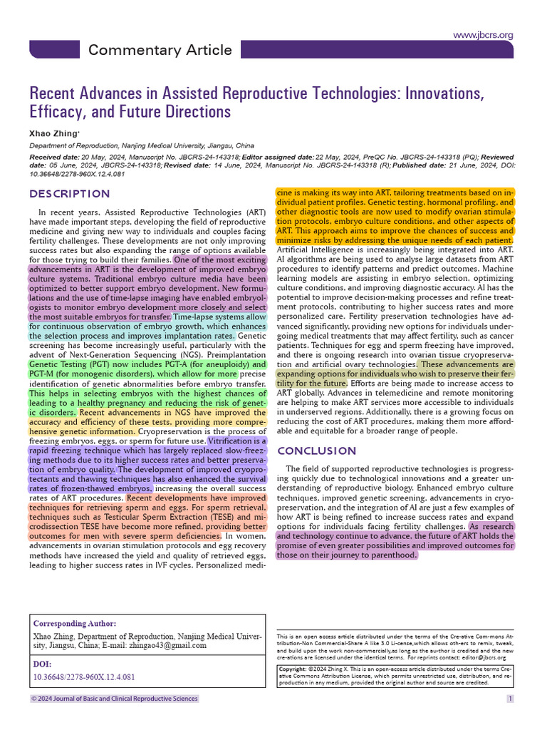 Recent Advances in Assisted Reproductive Technologies Innovations Efficacy and Future Directions ...