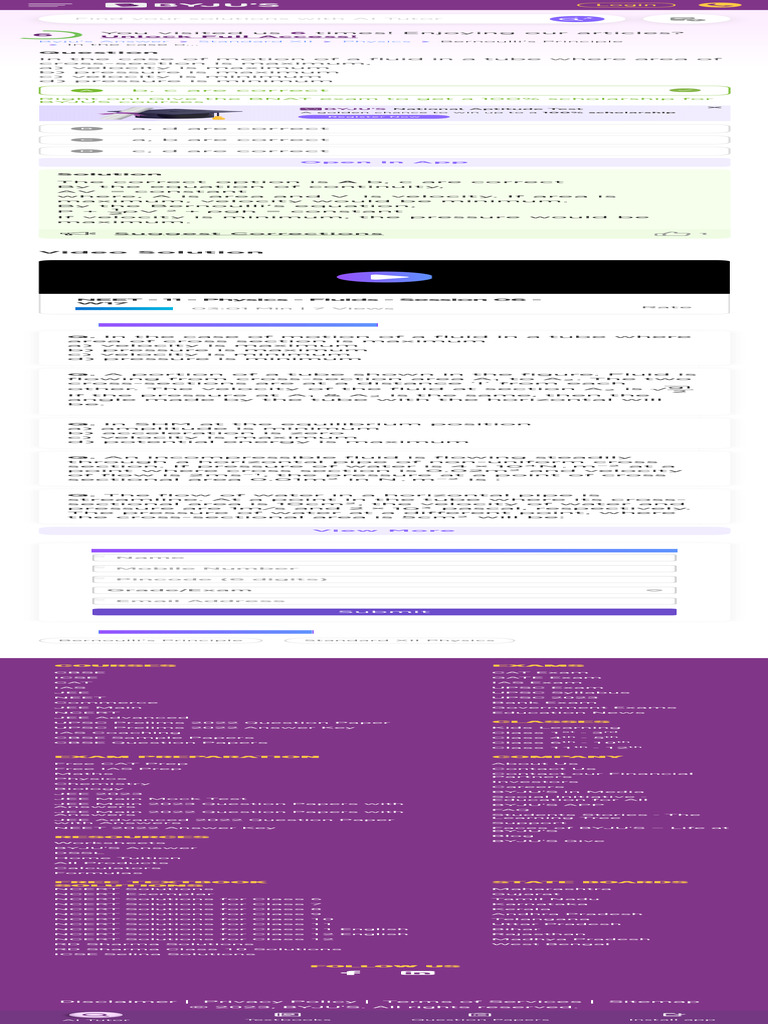 In The Case of Motion of A Fluid in A Tube Where Area of Cross Section ...