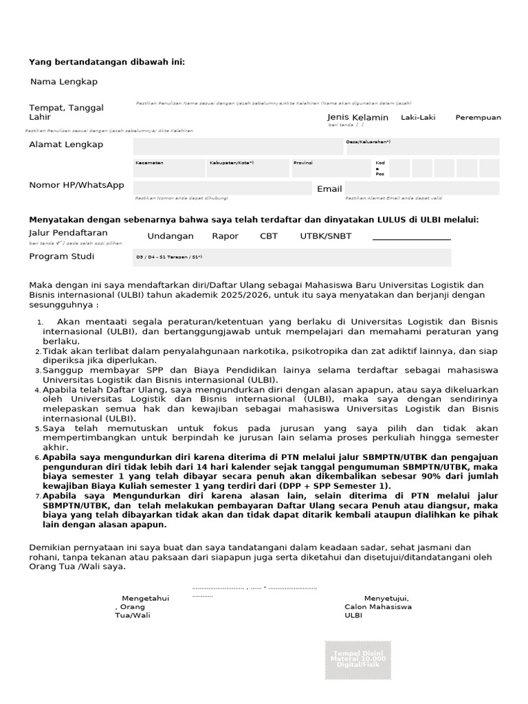 Surat Pernyataan Daftar Ulang Mahasiswa Baru Ulbi - Reguler | PDF
