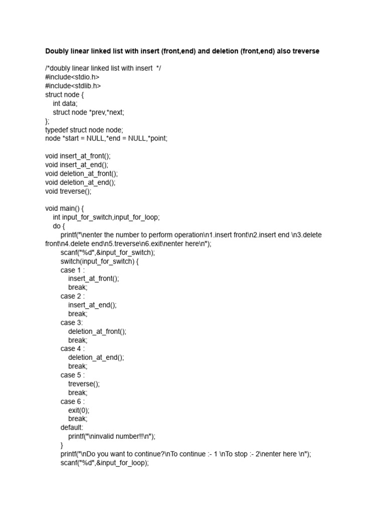 Doubly Linear Linked List With Insert (Front, End) and Deletion (Front, End) Also Treverse | PDF ...