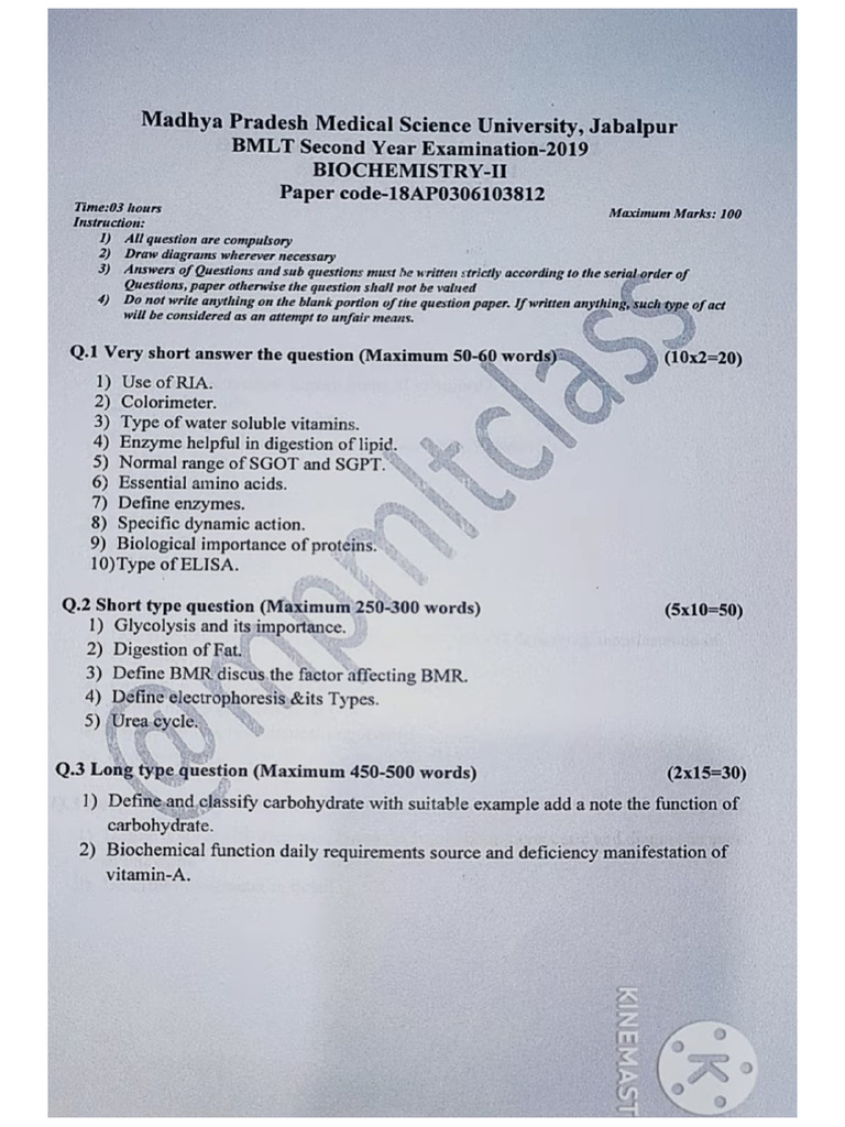 BMLT 2nd Year Biochemistry Que. Paper 2019 | PDF