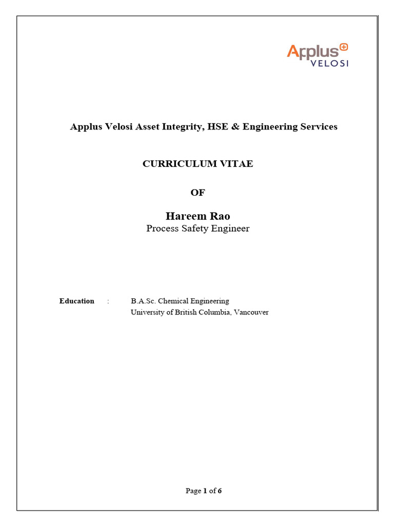 1-Hareem Rao - Process Safety Engineer | PDF | Chemical Process Engineering | Process Engineering