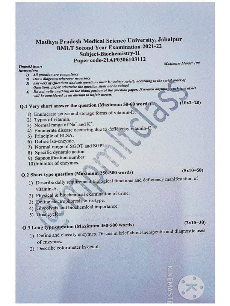 BMLT 2nd Year Biochemistry Que Paper 2021-22 | PDF