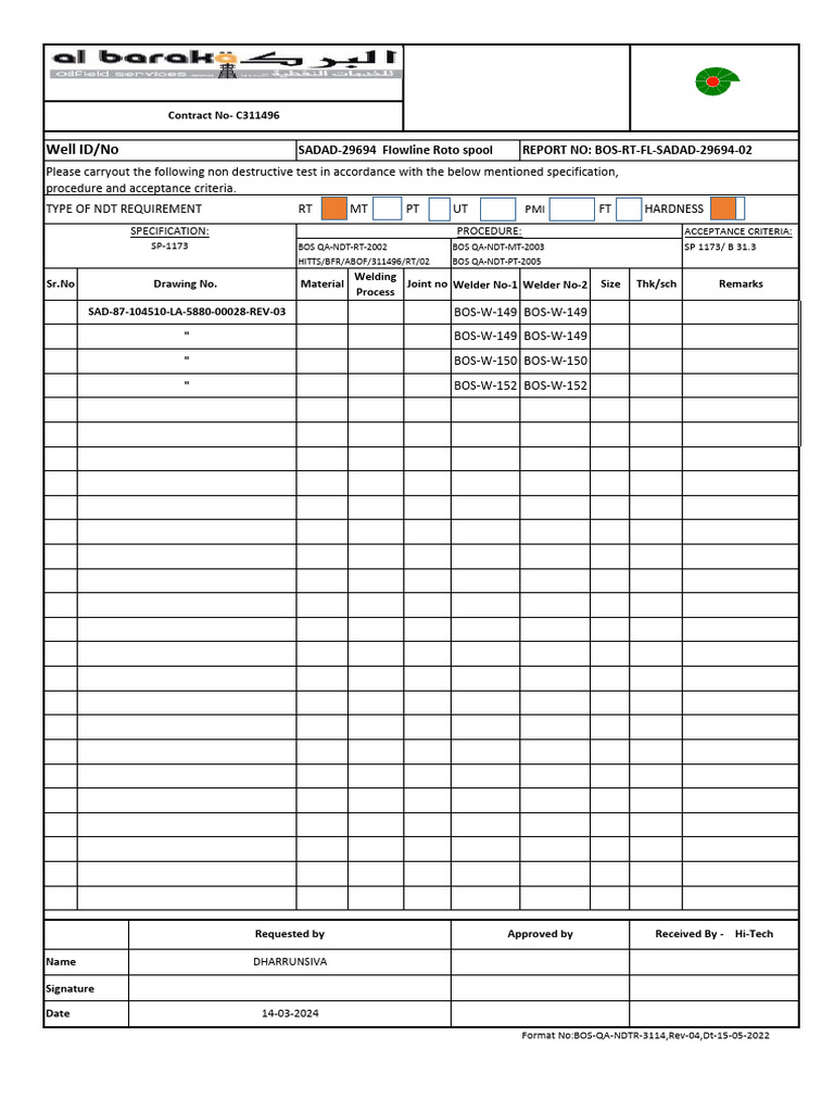 3114 NDT Request. For Sad 29694 | PDF