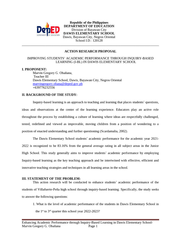 Sample Action Research Proposal Sample | PDF | Inquiry Based Learning | Teachers