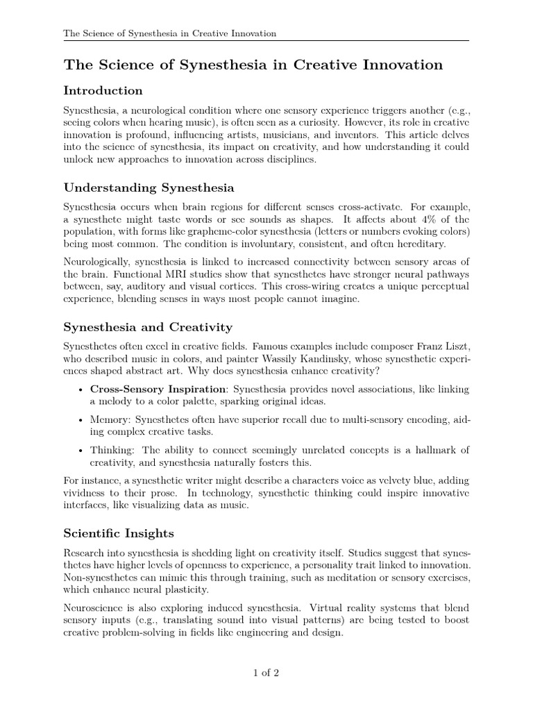 The Science of Synesthesia in Creative Innovation | PDF | Neuroscience | Neuropsychological ...
