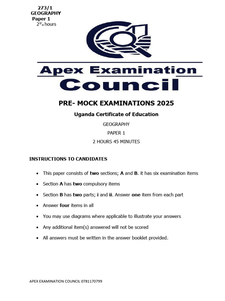 UCE Geography Pre-Mock Exam 2025 | PDF | Lake | Rail Transport
