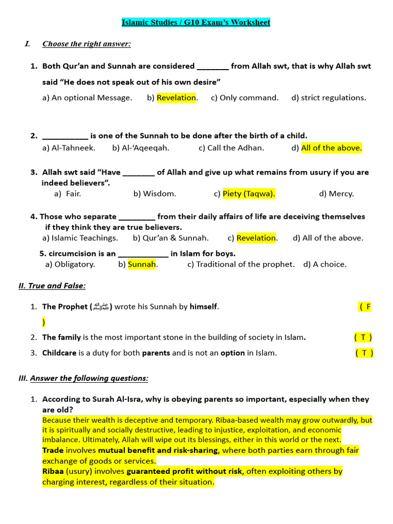 Islamic Studies - G10 Exam's Worksheet | PDF | Abrahamic Religions