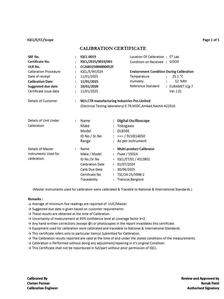 52 F Digital Oscilloscope Yokogawa DL850 | PDF | Calibration | Metrology