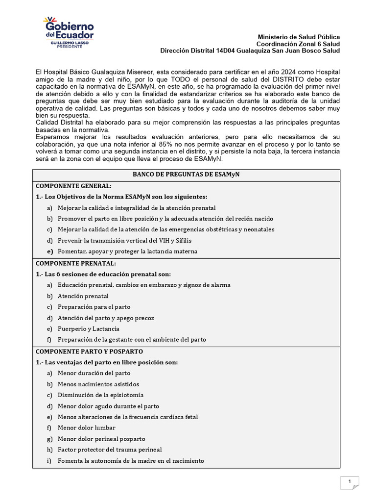 Banco de Preguntas de Esamyn MSP | PDF | Parto | La leche materna