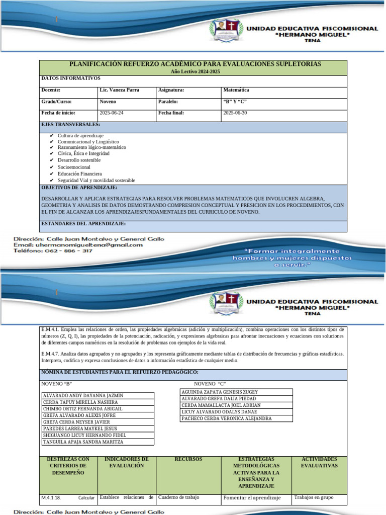 Planificación Refuerzo Académico NOVENO 2025 | PDF | Número racional | Multiplicación