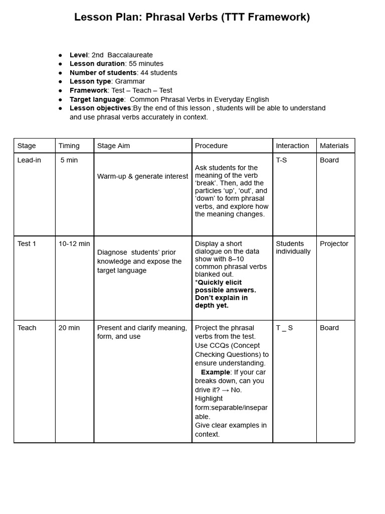 Phrasal Verbs Lesson Plan for Baccalaureate | PDF | Cognition | Linguistics