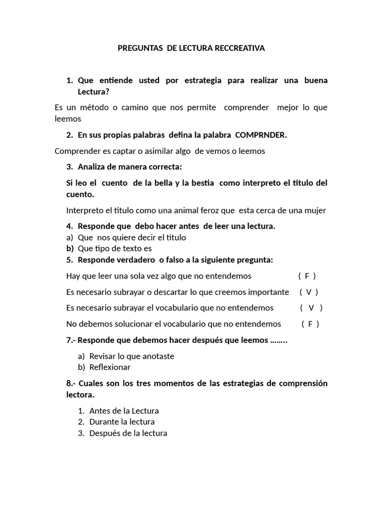 Preguntas de Lectura Reccreativa | PDF | Comprensión lectora | Aprendizaje