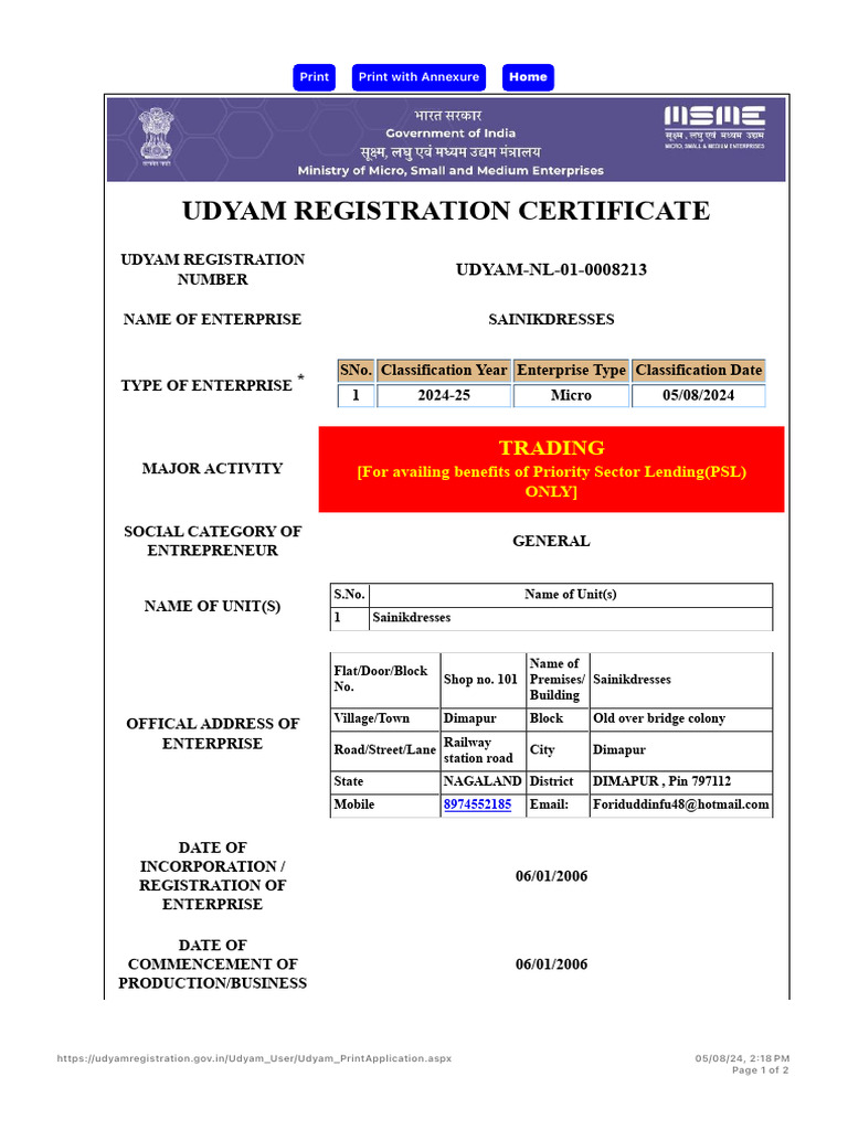 Print - Udyam Registration Certificate | PDF