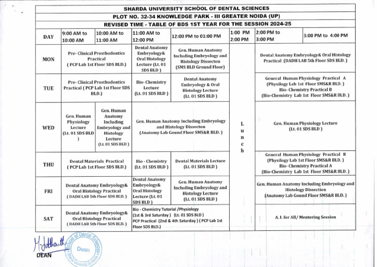 Revised Time Table of BDS 1st Year | PDF