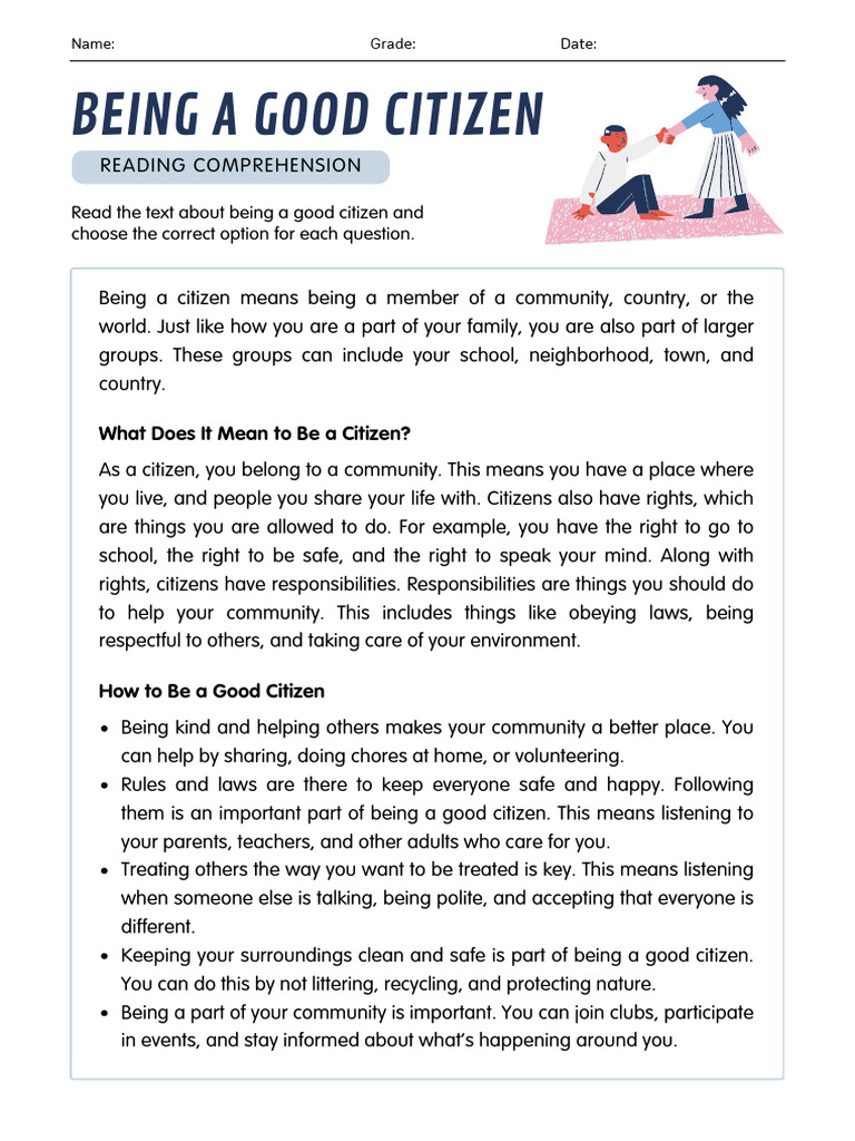 Being A Good Citizen Reading Comprehension Activity Worksheet in ...