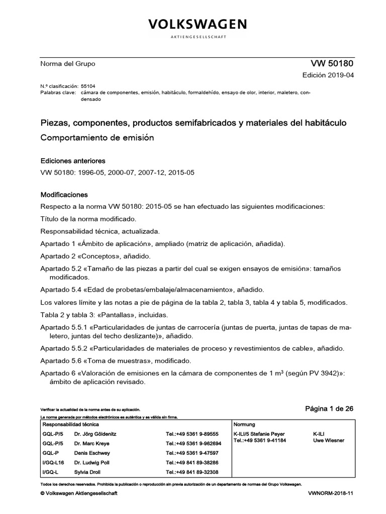 Norma VW 50180: Emisiones Habitáculo 2019 | PDF | Laboratorios | Textiles