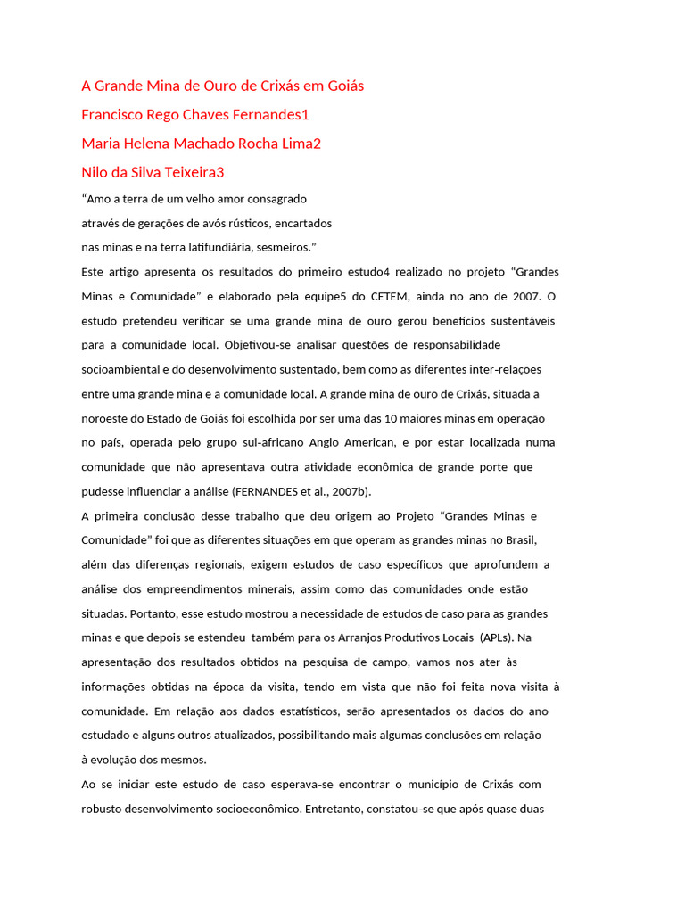 Impactos da Mina de Ouro em Crixás | PDF | Brasil | Economia
