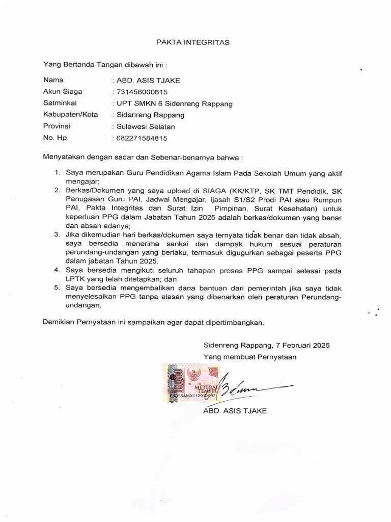 Pakta Integritas Abd. Asis Tjake | PDF