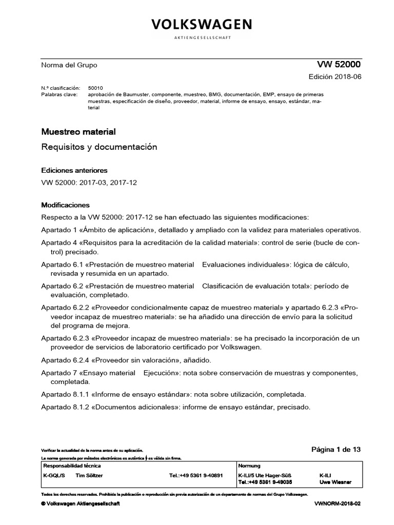 Norma VW 52000: Muestreo y Ensayo Material | PDF | Laboratorios ...