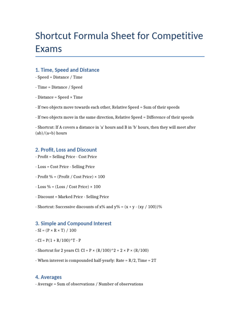 Competitive Exam Shortcut Formulas | PDF