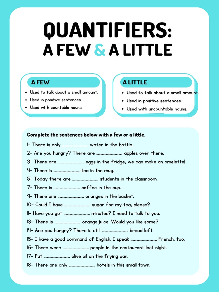 Quantifiers A Few & A Little Grammar Worksheet | PDF