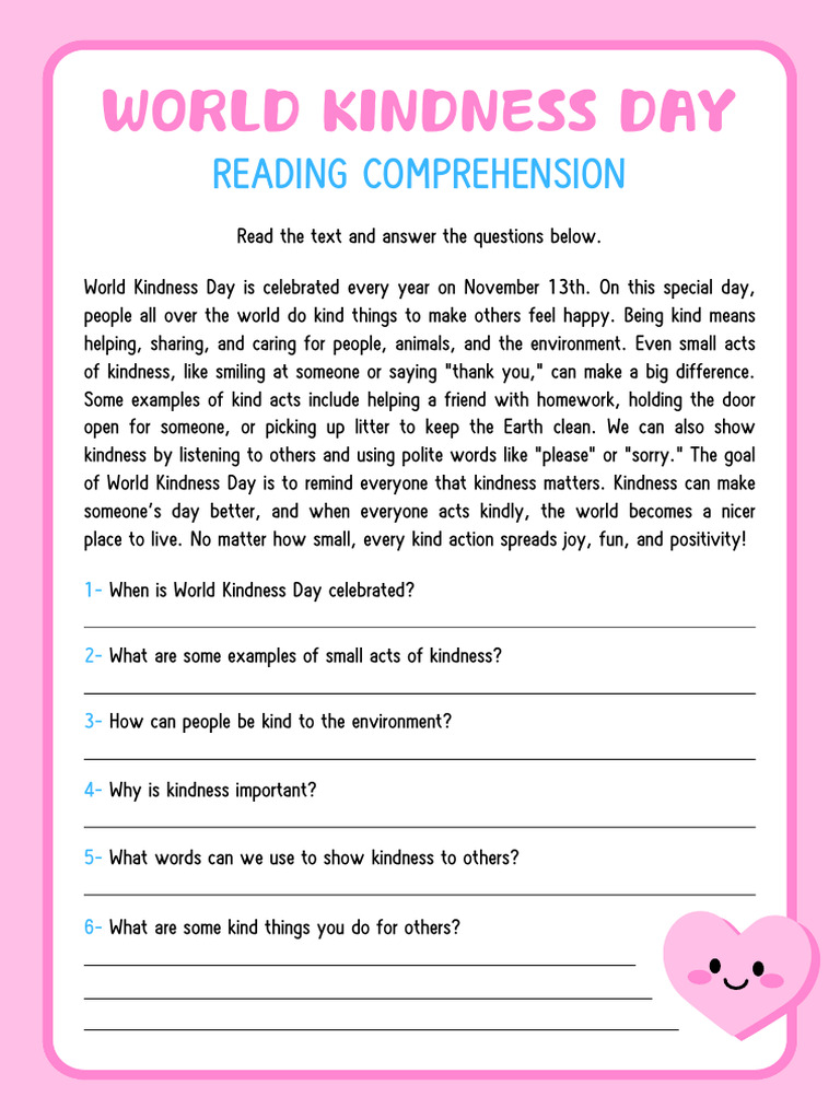 World Kindness Day Reading Comprehension Worksheet in Pink Blue Pastel ...