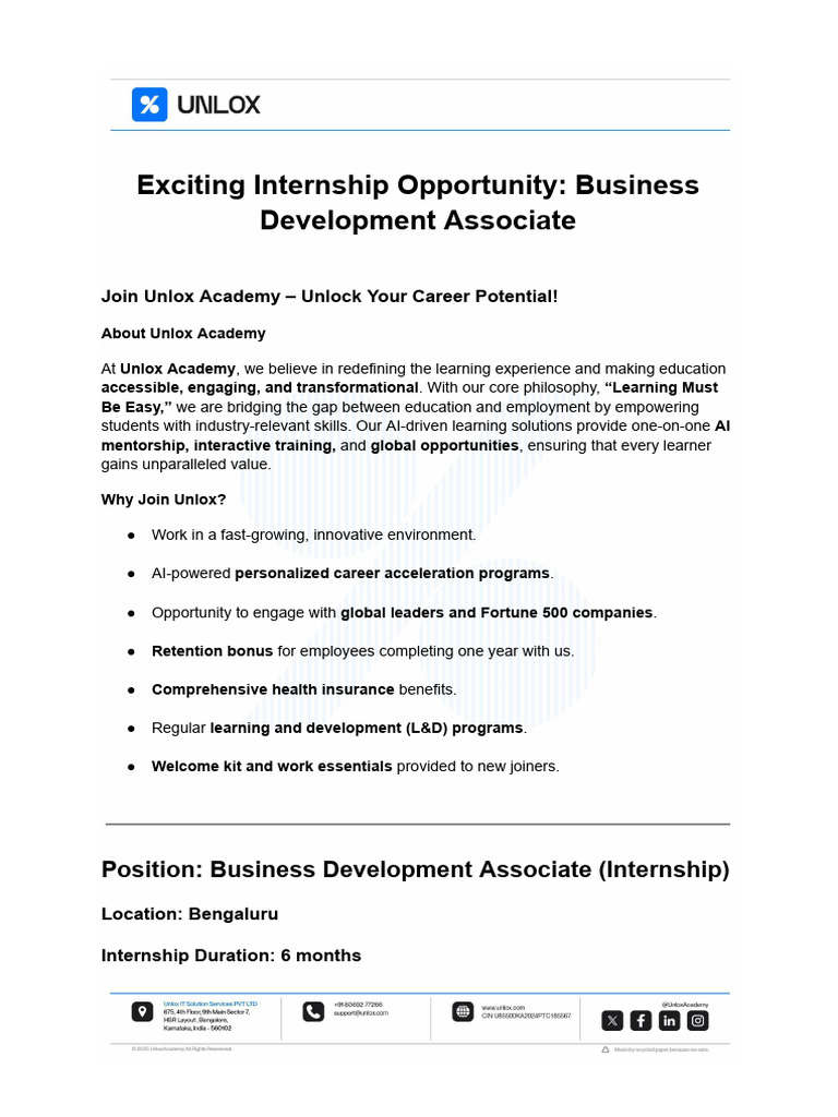 BD Job Description BD - Unlox Academy | PDF | Internship | Job Hunting