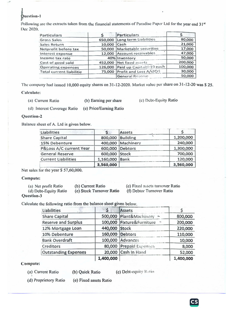 Ratio Analysis Practice Questions | PDF