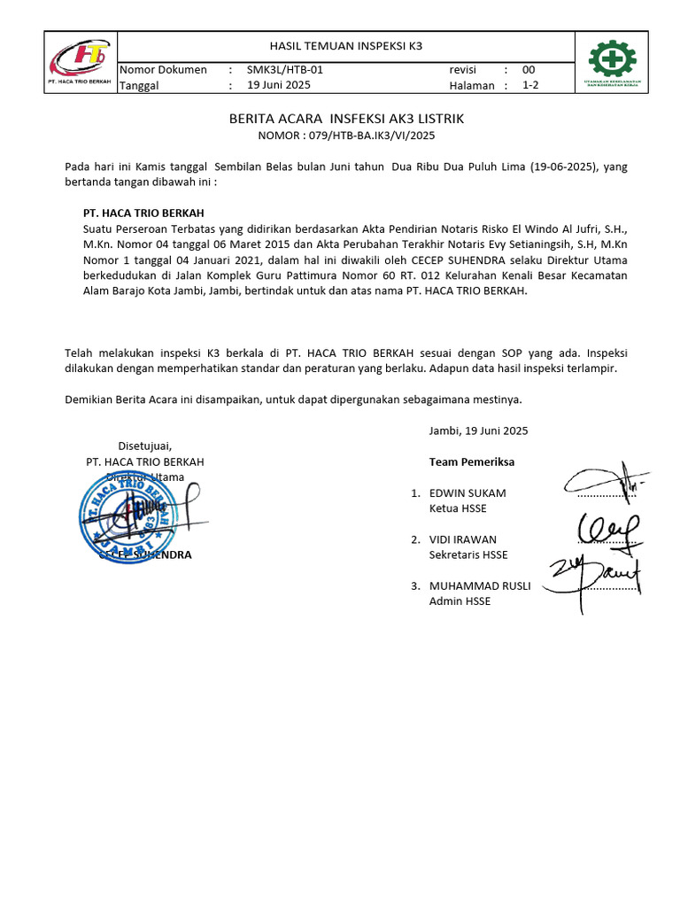 Laporan Hasil Inspeksi K3 PT HACA 2025 | PDF