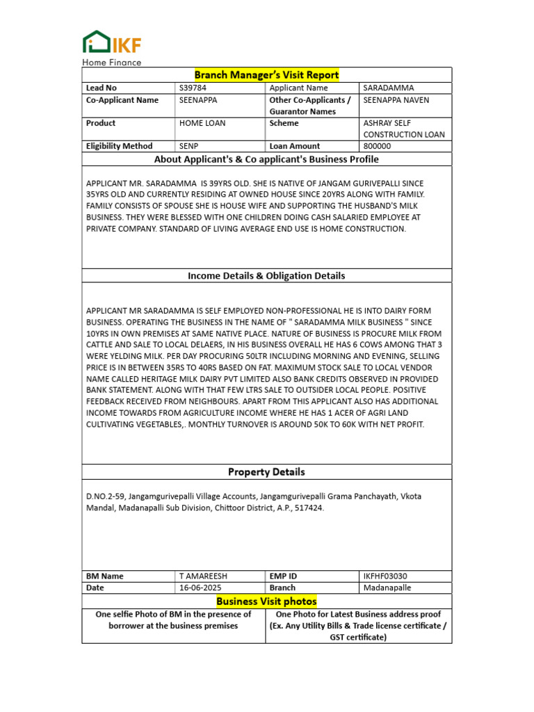 BM Visit Report Saradamma | PDF | Dairy | Economies