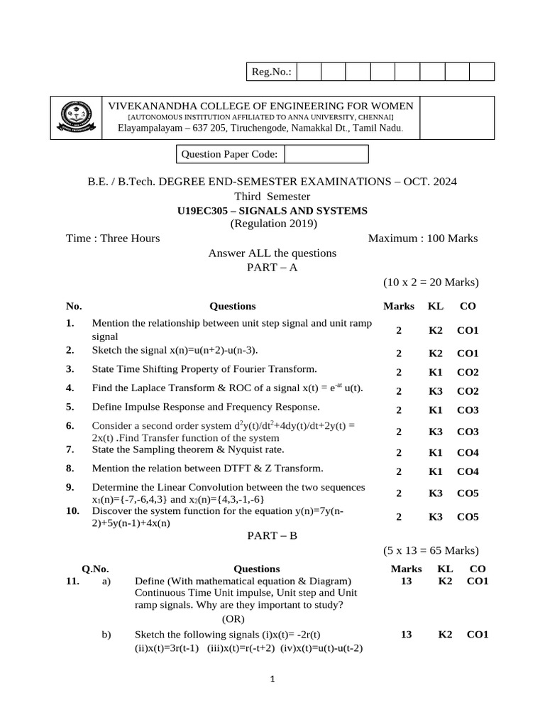 U19ec305 Ss Model Ese QP - Oct 2024 | PDF | Signal Processing | Applied Mathematics