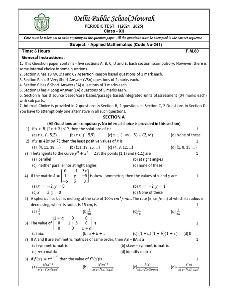 CL12 Applied Maths PT1 2024 25 | PDF | Sewage Treatment | Mathematics