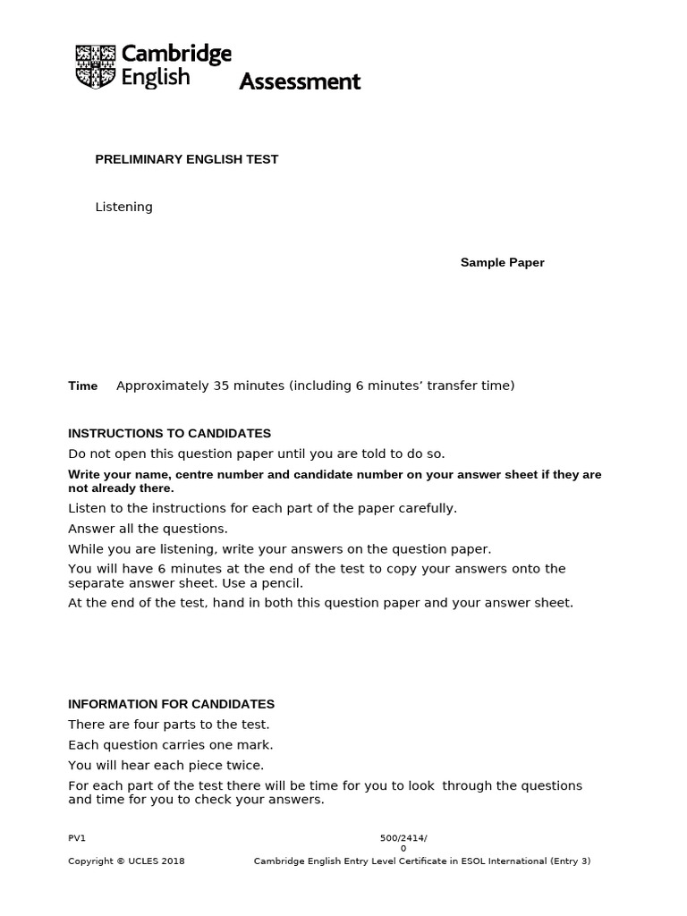 B1 Preliminary 2020 Sample Listening - Question Paper | PDF | Swimming