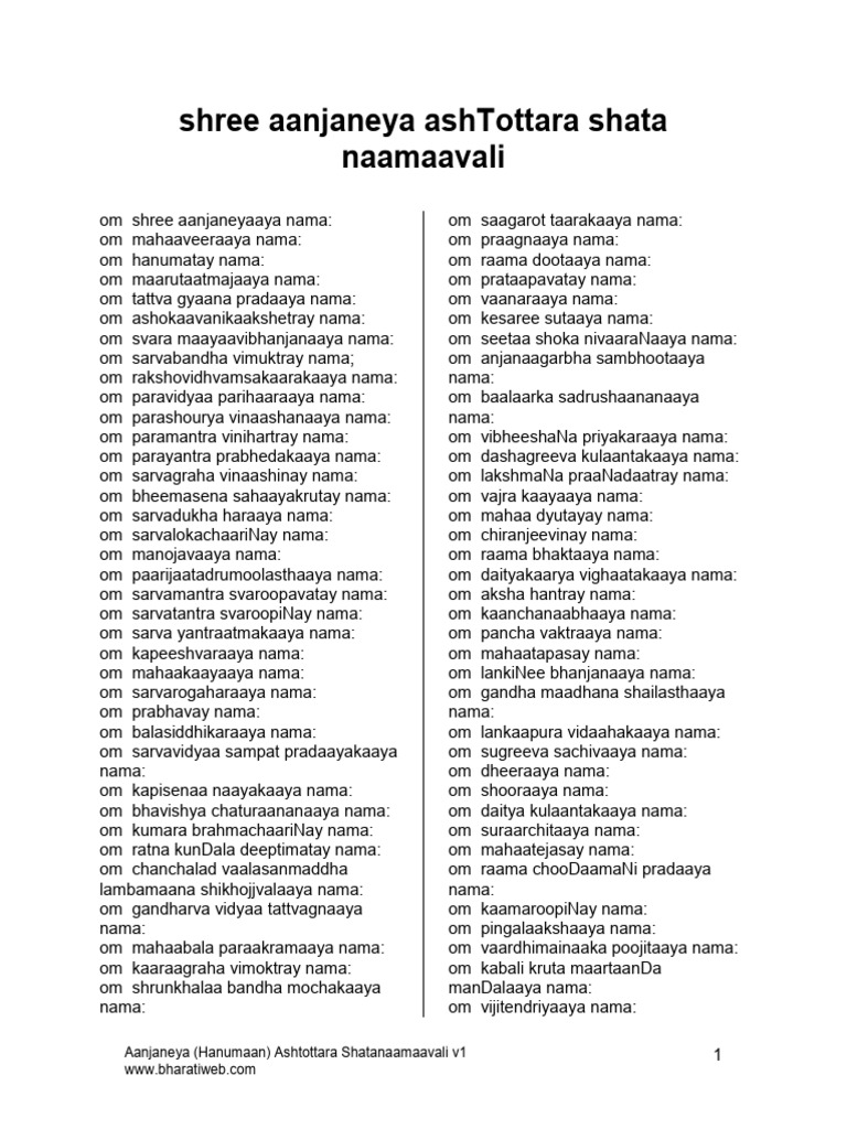 Aanjaneya Ashtottara Shatanaamaavali | PDF