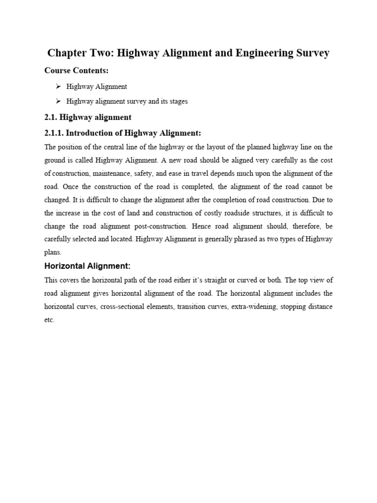 Chapter Two: Highway Alignment and Engineering Survey: Course Contents ...