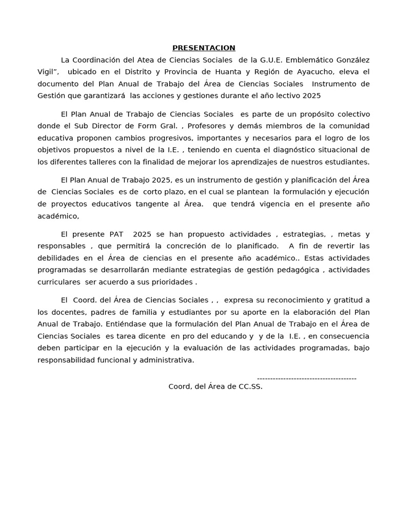 Plan Anual Del Area de CC - SS-DPCC 25. | PDF | Institución | Escuelas