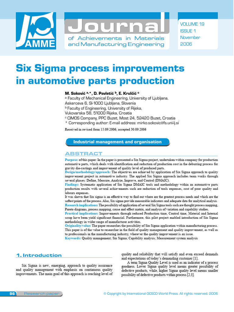 Six Sigma Process Improvements in Automo | PDF | Six Sigma | Analysis ...
