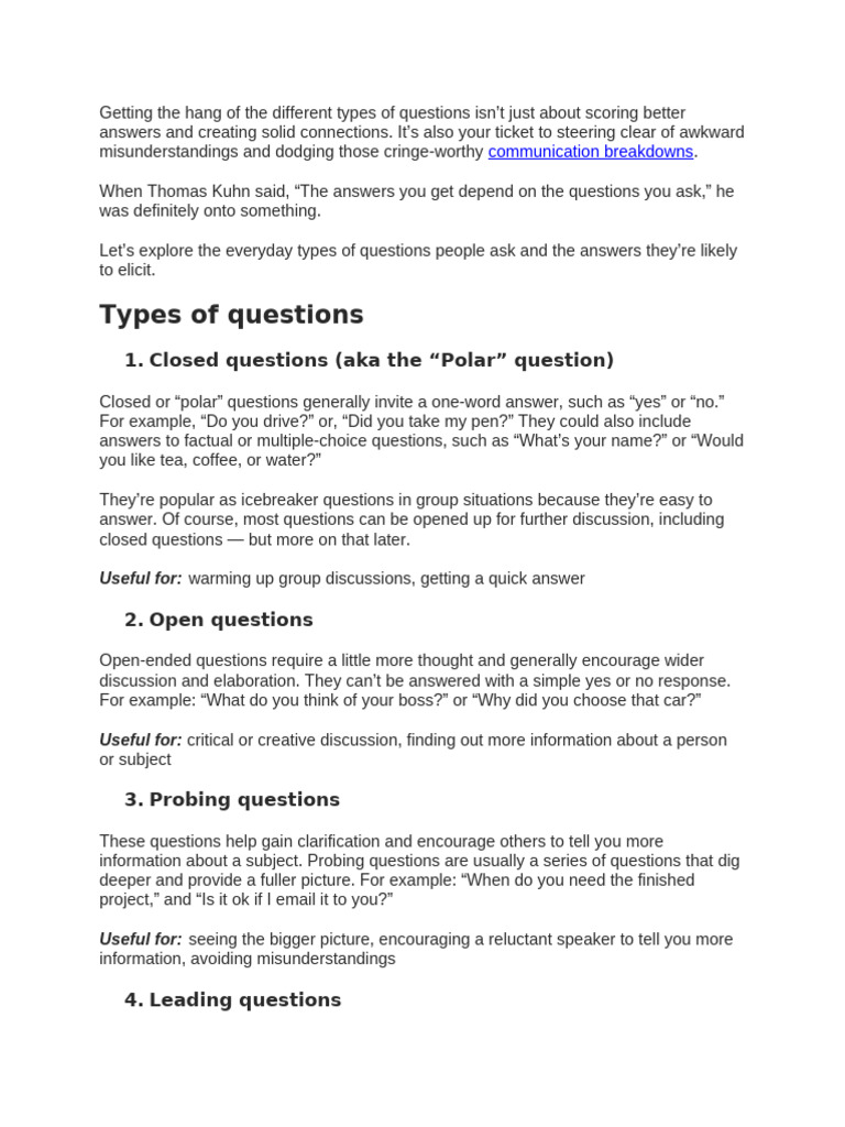 Types of Questions Interview | PDF | Evaluation | Critical Thinking