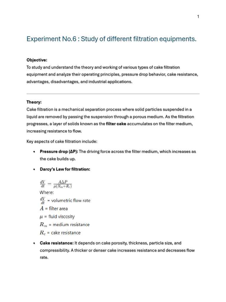Study of Different Filtration Equipments. Exp6 | PDF | Filtration | Industrial Processes