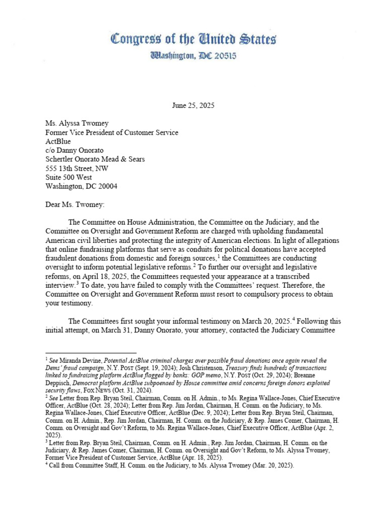 Summary of The House GOP Subpoena Letter To Alyssa Twomey (ActBlue ...