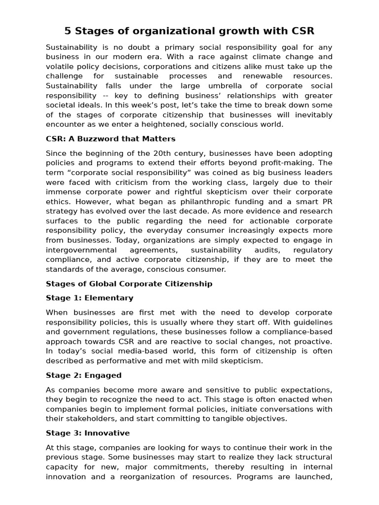 Five Stages of CSR Development | PDF | Corporate Social Responsibility ...