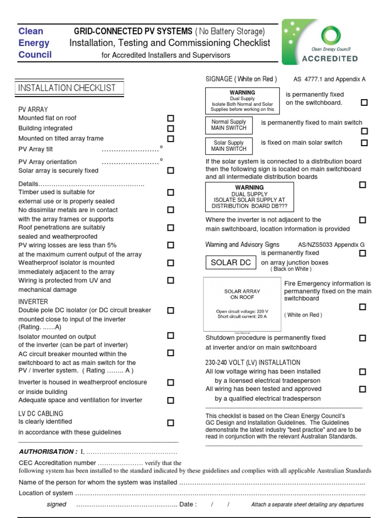 Clean Energy Council Installers Checklist | PDF | Photovoltaic System ...