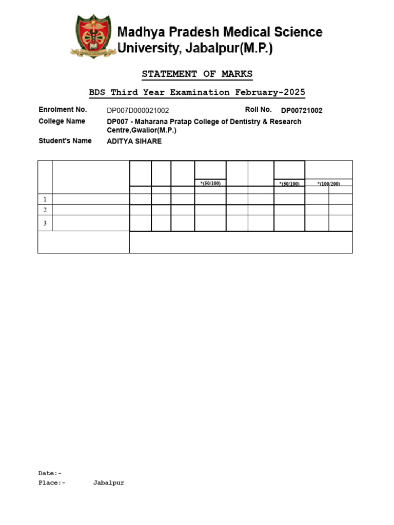 MPMSU BDSE3RD MarksheetStudent | PDF